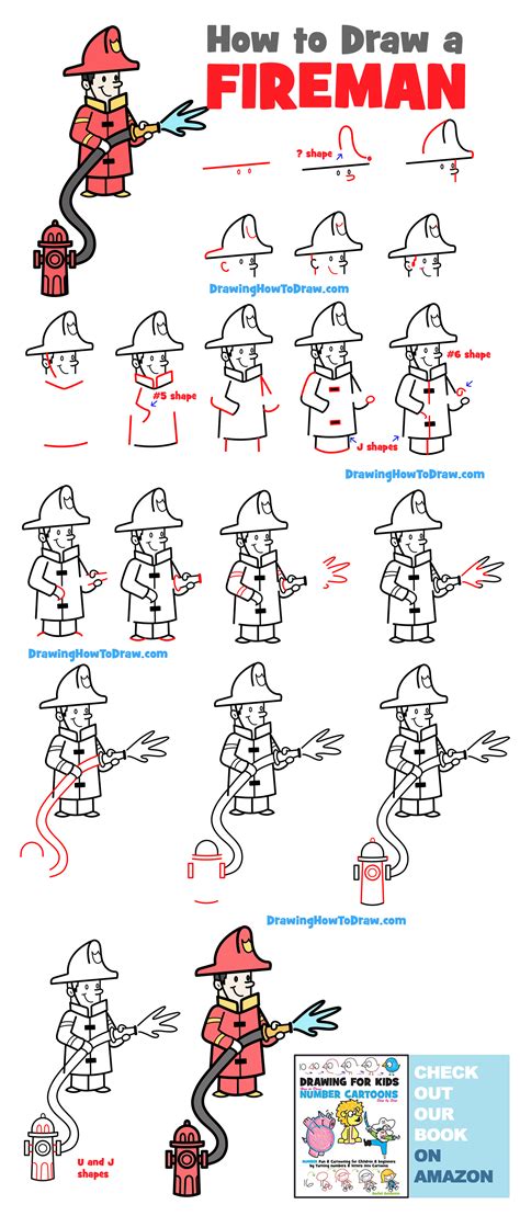 How To Draw A Cartoon Fireman His Hose Fire Hydrant Easy Step By Step Drawing Tutorial For