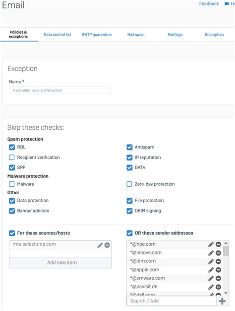 Sophos Email Protection Exception List Unsorted Sender Addresses