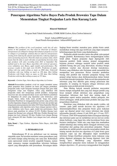 pdf penerapan algoritma naïve bayes pada produk brownies tape dalam