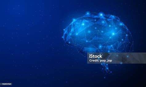 인간의 뇌의 추상 벡터 이미지 3 차원 낮은 폴리 그림 윤곽선 삼각형 점 총 진한 파란색 배경에 템플릿 디자인입니다 신경세포에 대한 스톡 벡터 아트 및 기타 이미지 Istock