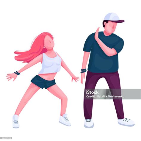 현대 무용수 커플 함께 플랫 컬러 벡터 얼굴없는 캐릭터 클럽 파티에 있는 사람들 힙합 스트리트 댄스 공연자들은 웹 그래픽 디자인과 애니메이션을 위한 만화 일러스트레이션을