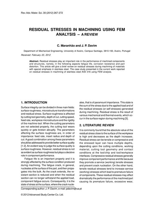 Pdf Residual Stresses In Machining Using Fem Analysis A Review