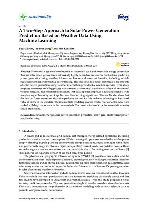Pdf A Two Step Approach To Solar Power Generation Prediction Based On Weather Data Using