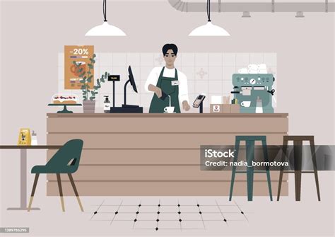 커피숍 카운터 아침 의식 및 현대적인 라이프 스타일에서 커피를 제공하는 젊은 남성 아시아 인물 바리스타에 대한 스톡 벡터 아트