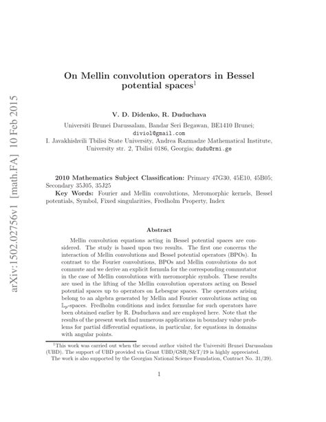 Pdf On Mellin Convolution Operators In Bessel Potential Spaces