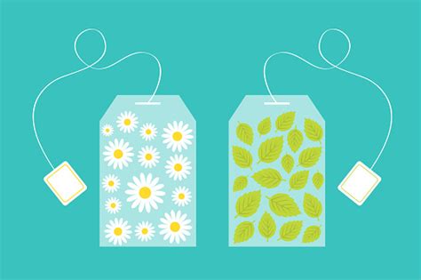 티백 허브 카모마일 데이지 카모마일 플라워 민트 스피어민트 내부 라벨 아이콘 세트가 있는 티백 포장 상단 Wiew 플랫 디자인 격리 녹색 배경입니다 0명에 대한 스톡 벡터