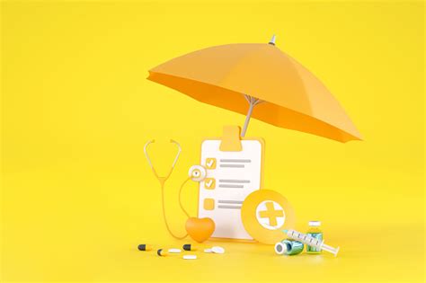 청진기 주사기 붉은 심장 및 노란색 우산 아래 체크리스트 3차원 형태에 대한 스톡 사진 및 기타 이미지 3차원 형태 개념 개념과 주제 Istock