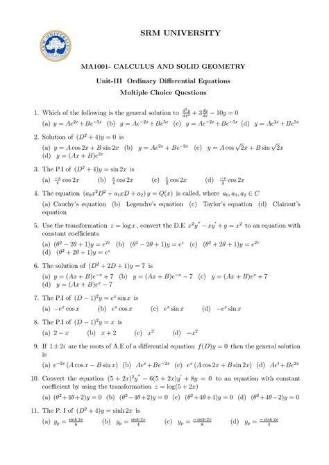 Mcq 2 Nil Srm University Ma1001 Calculus And Solid Geometry Unit