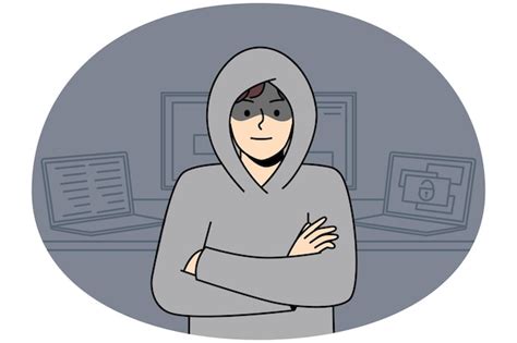 Premium Vector Young Man In Hood Standing Near Computers Hacking