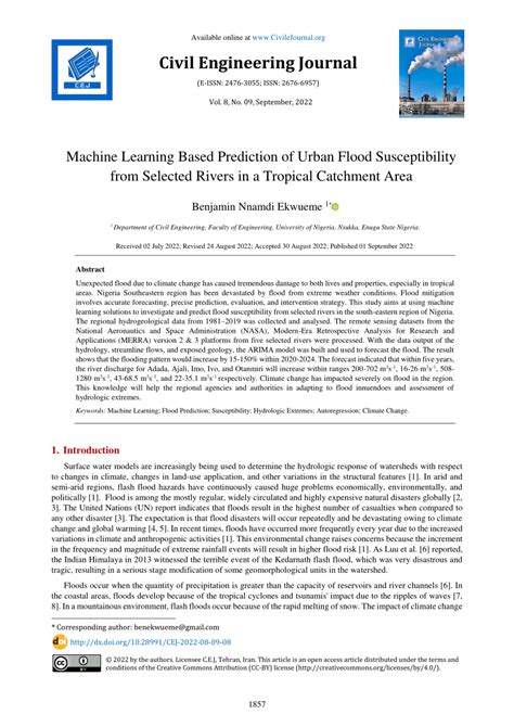 Pdf Machine Learning Based Prediction Of Urban Flood Susceptibility From Selected Rivers In A