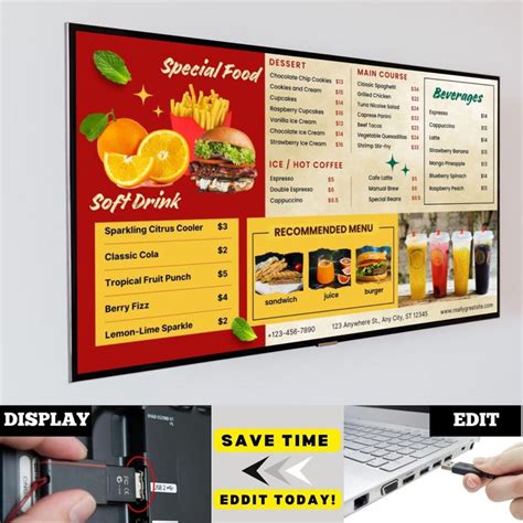 Digital Menu Board For Restaurants Modern Digital Signage Easy To Update Menu Display High