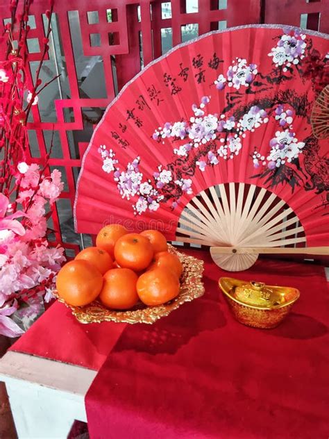 Set Up Of Chinese New Year Celebration Stock Image Image Of Food Decoration 359407077