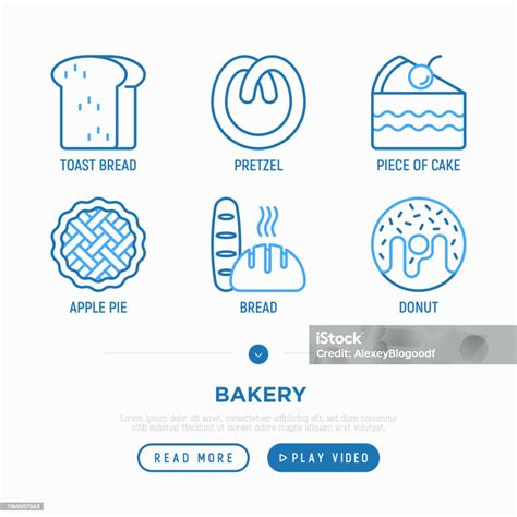 베이커리 얇은 라인 아이콘 세트 토스트 빵 도넛 프레첼 사과 파이 현대 벡터 일러스트레이션 인쇄 미디어 템플릿 빵집에 대한 스톡