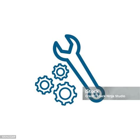 기어와 렌치 라인 블루 아이콘 에 흰색 배경 블루 플랫 스타일 벡터 일러스트레이션 고정 기어에 대한 스톡 벡터 아트 및 기타 이미지 고정 기어 공구상자 공학 Istock