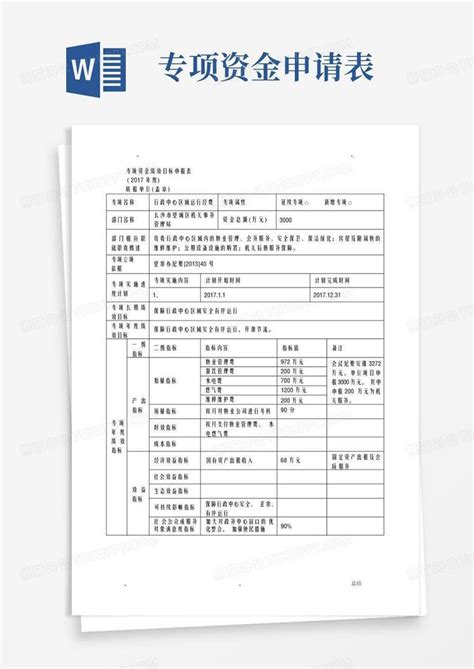 专项资金绩效目标申报表Word模板下载 编号ljyvoagz 熊猫办公