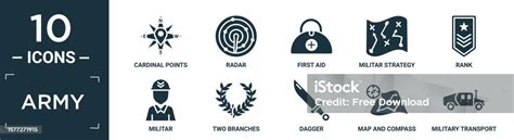 채워진 군대 아이콘 세트입니다 바람 별 레이더 응급 처치 군사 전략 계급 군사 두 가지 단검지도 및 나침반 군사 수송 아이콘에 대한 평평한 기본 포인트를 편집 할 수