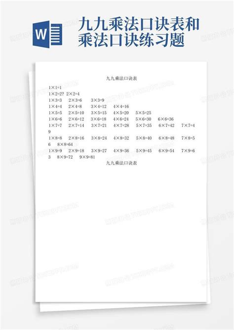九九乘法口诀表和乘法口诀练习题word模板下载 编号legngedb 熊猫办公
