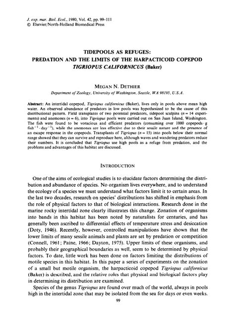 Pdf Tidepools As Refuges Predation And The Limits Of The Harpacticoid Copepod Tigriopus