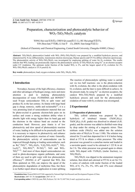 Pdf Preparation Characterization And Photocatalytic Behavior Of Wo3 Tio2 Nb2o5 Catalysts