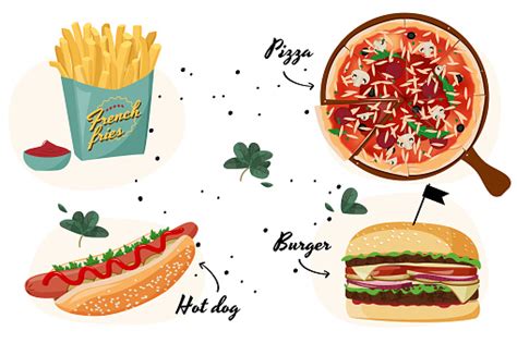패스트 푸드 다채로운 컬렉션입니다 벡터 현실적인 식사 그림입니다 0명에 대한 스톡 벡터 아트 및 기타 이미지 0명