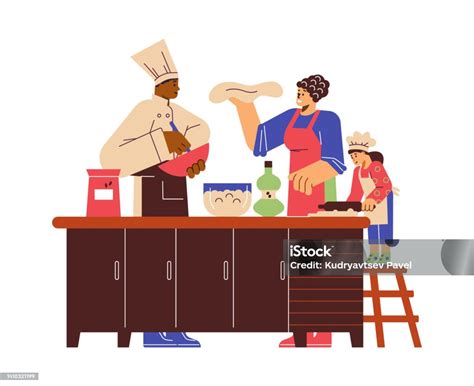 가족 플랫 벡터 일러스트레이션을위한 피자 마스터 클래스 요리 워크샵 공연에 대한 스톡 벡터 아트 및 기타 이미지 공연 요리하기 음식 준비 가정 주방 Istock