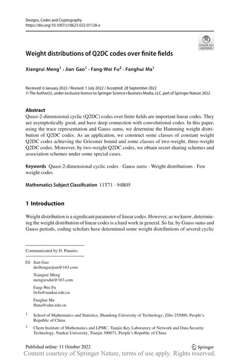 Weight Distributions Of Q2dc Codes Over Finite Fields Request Pdf