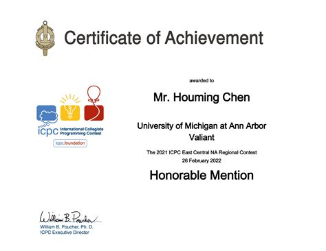 Icpc 2021 East Central Na Regional Contest Certificates Houming Chen