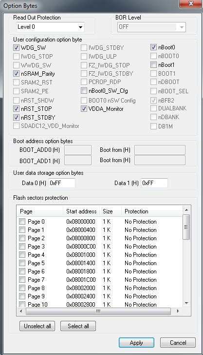 Arm Cortex Stm32 Stm32f0 Stm32f042 Boot Problem User Option Bit