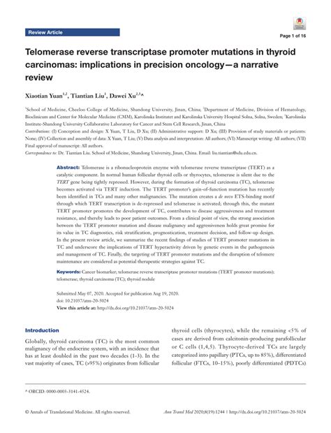 Pdf Telomerase Reverse Transcriptase Promoter Mutations In Thyroid
