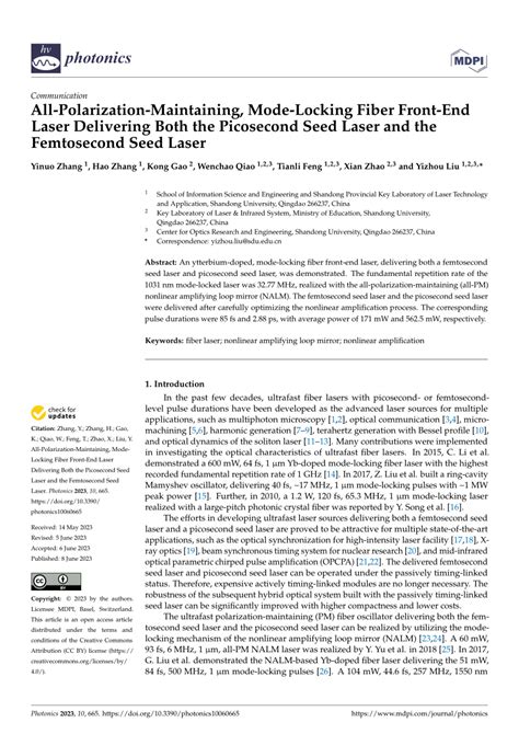 Pdf All Polarization Maintaining Mode Locking Fiber Front End Laser Delivering Both The