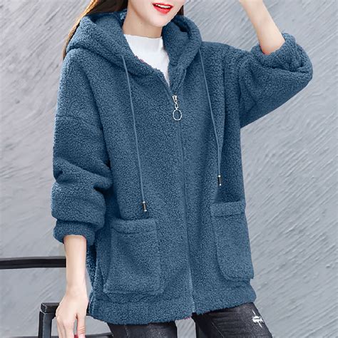 Jjayotai Womens Fuzzy Fleece Coat Winter Drawstring Zip Up Hooded Jacket Outwear Long Sleeve