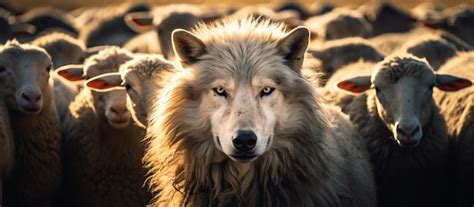 Premium Photo Wolf In A Flock Of Sheep With Wool Clothing Wolf
