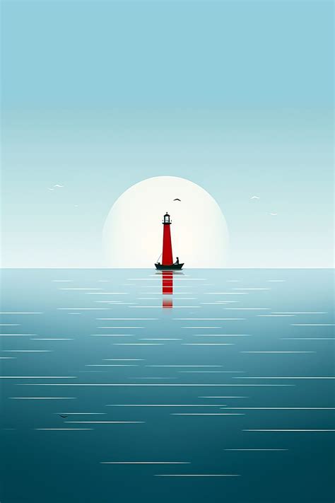 무료 사진 미니멀리즘 스타일의 바다 수평선 그림에 진한 빨간색 등대