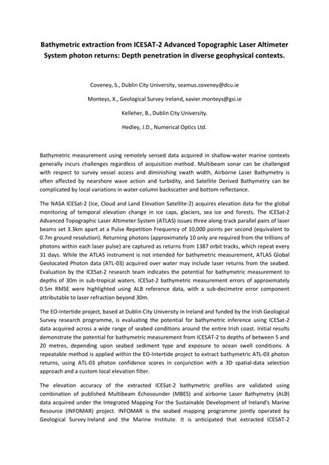 Pdf Bathymetric Extraction From Icesat 2 Advanced Topographic Laser Altimeter System Photon