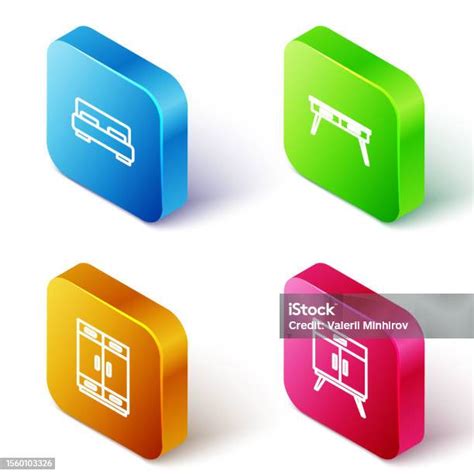 아이소메트릭 라인 큰 침대 사무실 책상 옷장 및 서랍장 아이콘을 설정합니다 벡터 3차원 형태에 대한 스톡 벡터 아트 및 기타 이미지 3차원 형태 가구 가정의 방