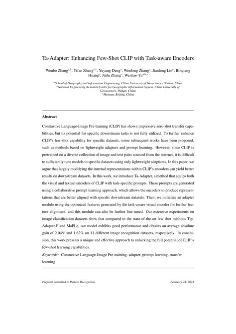 Pdf Ta Adapter Enhancing Few Shot Clip With Task Aware Encoders