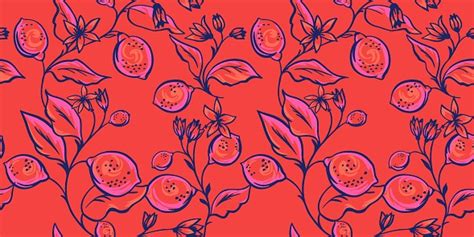 추상 창조적 인 모양 분기 레몬 꽃 완벽 한 패턴으로 나뭇잎 벡터 손으로 그린 스케치 브러쉬 꽃 벽지 빨간 바탕에 단순한 여름 잎사귀 줄기 직물 패션 벽지를 위한 디자인