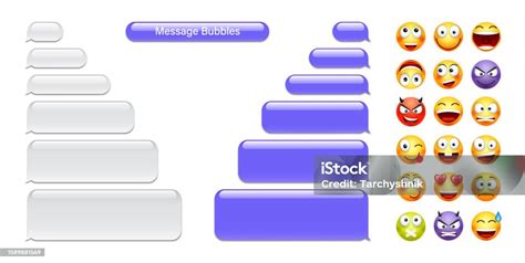 이모티콘이 있는 빈 메시지 풍선 바이올렛 채팅 또는 메신저 말풍선 Sms 텍스트 프레임입니다 단문 메시지 보내기 대화 화면 소셜 미디어 응용 프로그램 벡터 그림 Brand