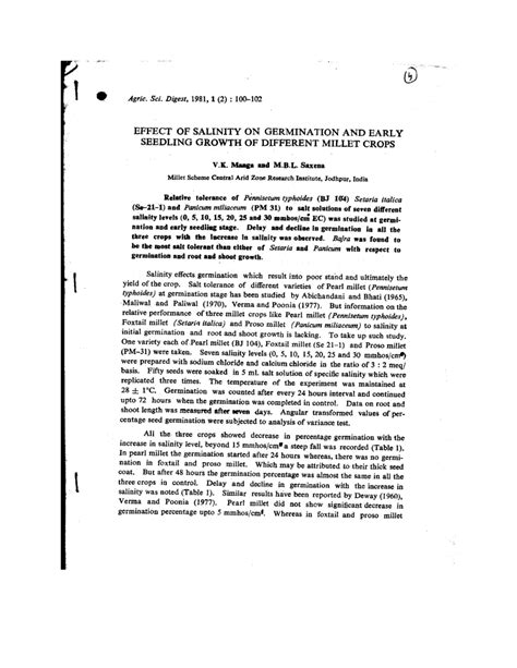 Pdf Effect Of Salinity On Germination And Early Seedling Growth Of Different Millet Crops