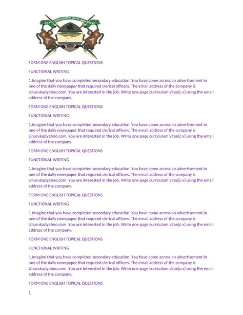 FORM ONE English Topical Questions FORM ONE ENGLISH TOPICAL QUESTIONS FUNCTIONAL WRITING 1