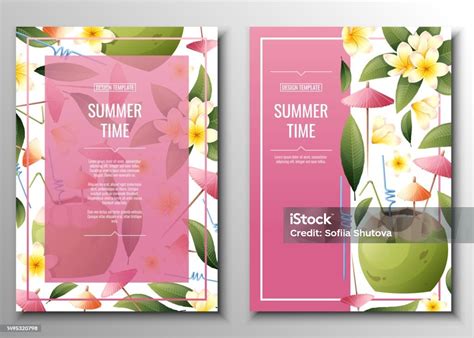 해변 코코넛 칵테일과 프랜지파니 꽃이 있는 전단지 템플릿 세트 열대 휴가 여름 방학 배너 비치 음료가 담긴 포스터 A4 사이즈 여름에 대한 스톡 벡터 아트 및 기타 이미지