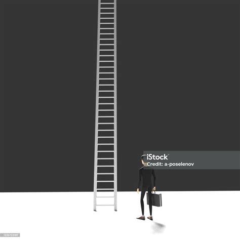 남자는 밝은 빛으로 위쪽으로 이어지는 사다리 근처에 서 있다 3d 일러스트레이션 개념에 대한 스톡 사진 및 기타 이미지 개념 개발 결정 Istock