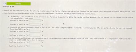 Solved Problem 1 04 EBook Compute The Real Rates Of Return Chegg Com