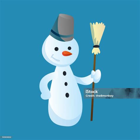 눈사람 하얀 배경에 모자를 쓰고 빗자루를 손에 들고 있다 겨울 테마입니다 벡터 문자 일러스트레이션 겨울에 대한 스톡 벡터 아트 및 기타 이미지 Istock