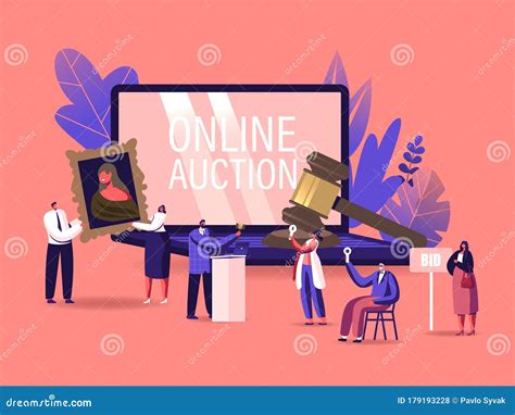 Online Auction Concept Auctioneer People Collectors Buying Assets In Internet Stock Vector