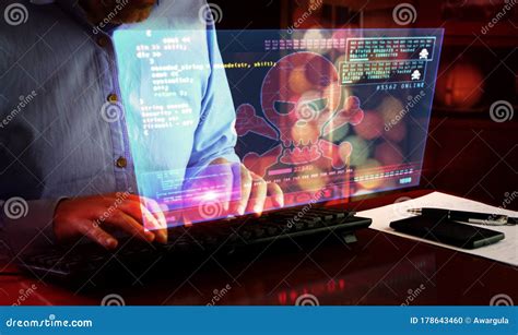 Hacker Typing On Keyboard With Breaking Security And Code On Hologram