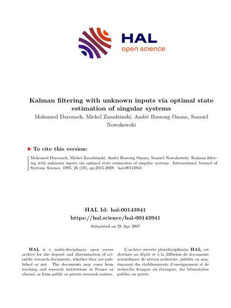 Kalman Filtering With Inputas Via Optimal State Estimation Of Singular