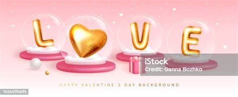 해피 발렌타인 데이 타이포그래피 포스터에는 3d 스노우 글로브 단어 사랑 선물 상자 및 사랑의 마음이 있습니다 벡터 그림 2월에