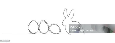 부활절 달걀과 토끼의 연속 선 그리기 간단한 선형 스타일의 토끼와 귀가 있는 인사말 배너 디자인 편집 가능한 획 낙서 윤곽 벡터