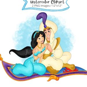 Jasmine And Aladdin Hand Drawn Watercolor Clipart Cute Cartoon